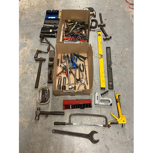 2 BOXES OF HARDWARE - ENGINEERING TOOLS HITACHI HAND TOOL ETC