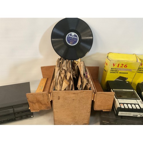 BOX TO INCLUDE TECHNIC TAPE DECKS, CD PLAYER PORTABLE CASSETTE RECORDS ETC