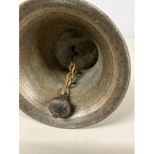 LARGE ANTIQUE BRASS SCHOOL BELL WITH MAHOGANY TURNED HANDLE H12"