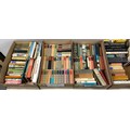 FOUR BOXES OF BOOKS, HARDBACKS, PAPERBACKS, NOVELS ETC