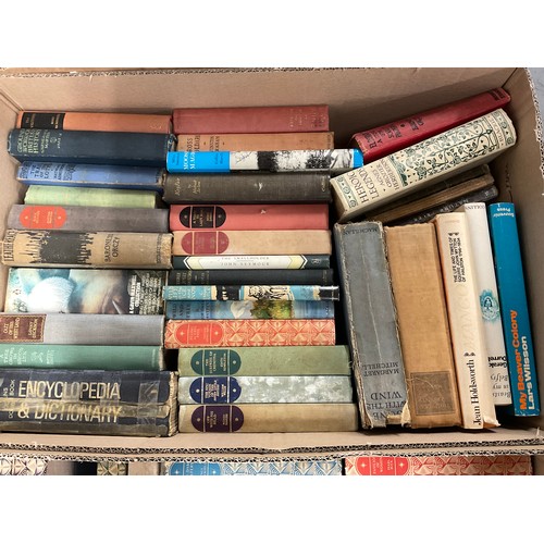 FOUR BOXES OF BOOKS, HARDBACKS, PAPERBACKS, NOVELS ETC