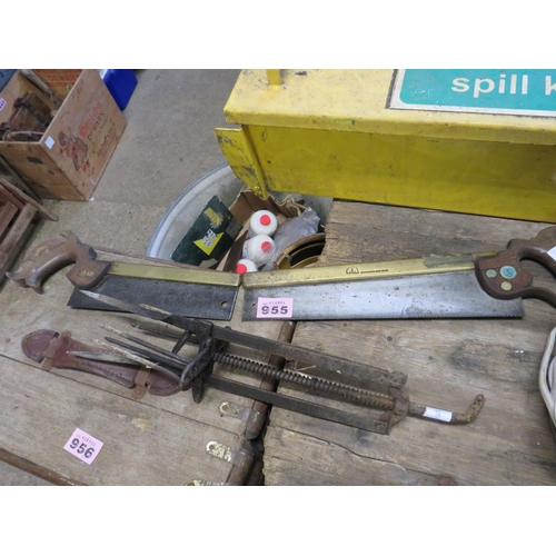 Vintage mole trap & 2 meat saws