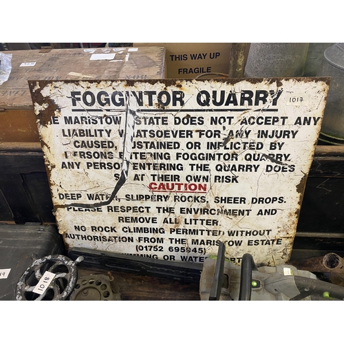 Enamel on iron quarry warning sign, 2ft x 30"
