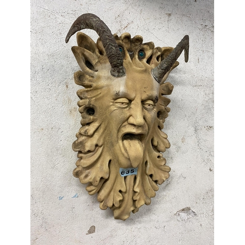 Reconstituted marble and leaded horn devil mask water feature, 20"