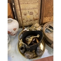 Copper coaching horn, brass kettle, tray, coal scuttle etc