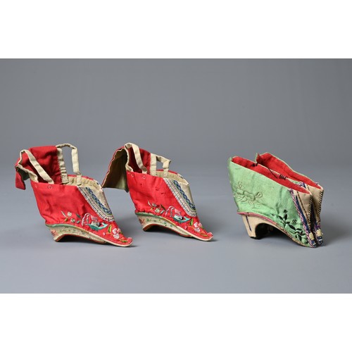 TWO PAIRS OF CHINESE SILK EMBROIDERED LOTUS SHOES, EARLY 20TH CENTURY ...