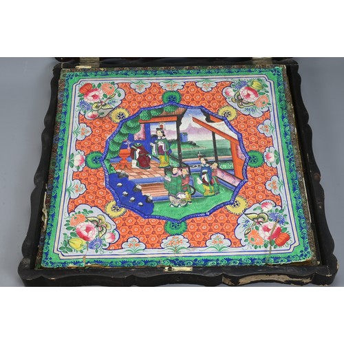 A LARGE CHINESE LACQUERED SHAWL BOX, 19/20TH CENTURY. Of square lobed ...