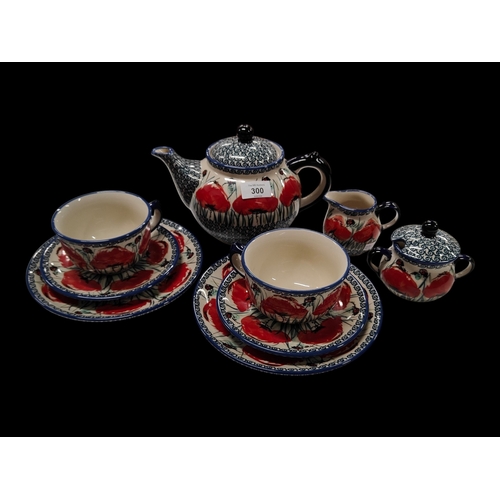 POLISH POTTERY POPPY AND LADYBUG TEASET FOR 2 SIGNED