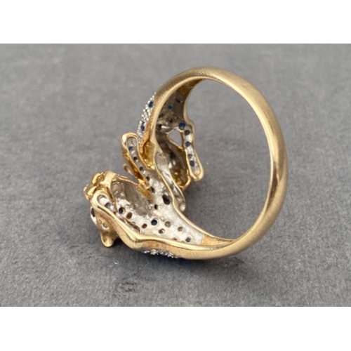 9ct yellow gold 2 Cheetah ring with Sappires and Diamonds, weight 6.9grams