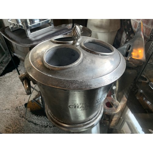 HUGE HEAVY NICKEL CUVEE DE PRESTIGE CHAMPAGNE BUCKET WITH ROUND HANDLES