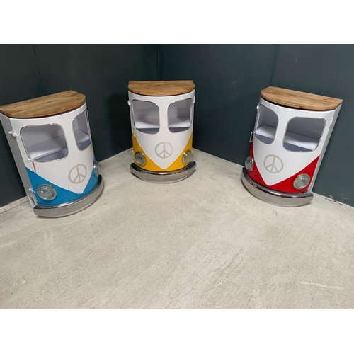 BRAND NEW BOXED UPCYCLED VINTAGE BLUE VW BUS CABINET WITH WOODEN TOP