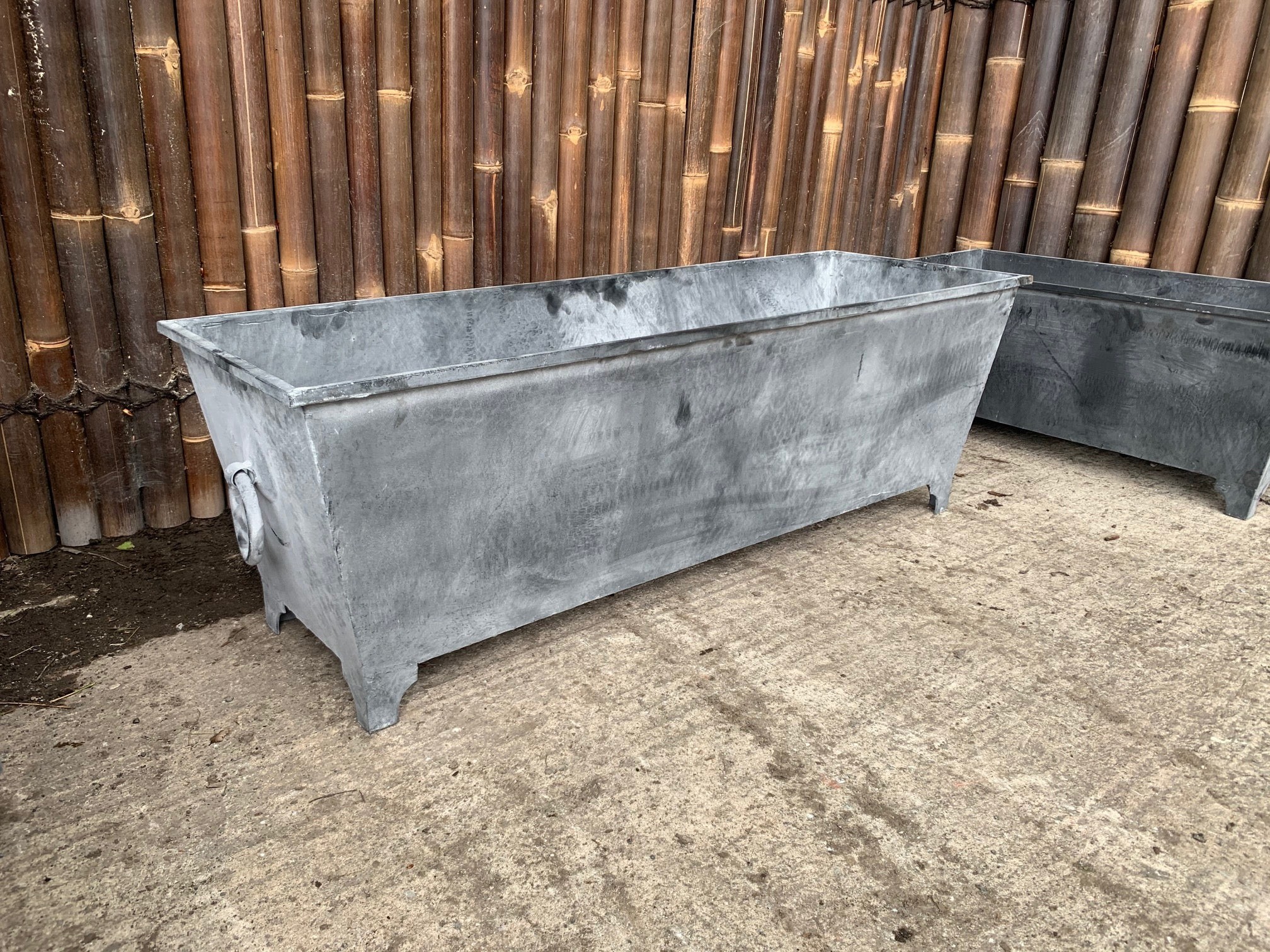 HUGE 1.2M LONG STEEL PLANTER ON LEGS WITH SIDE HANDLES IN LEAD FINISH