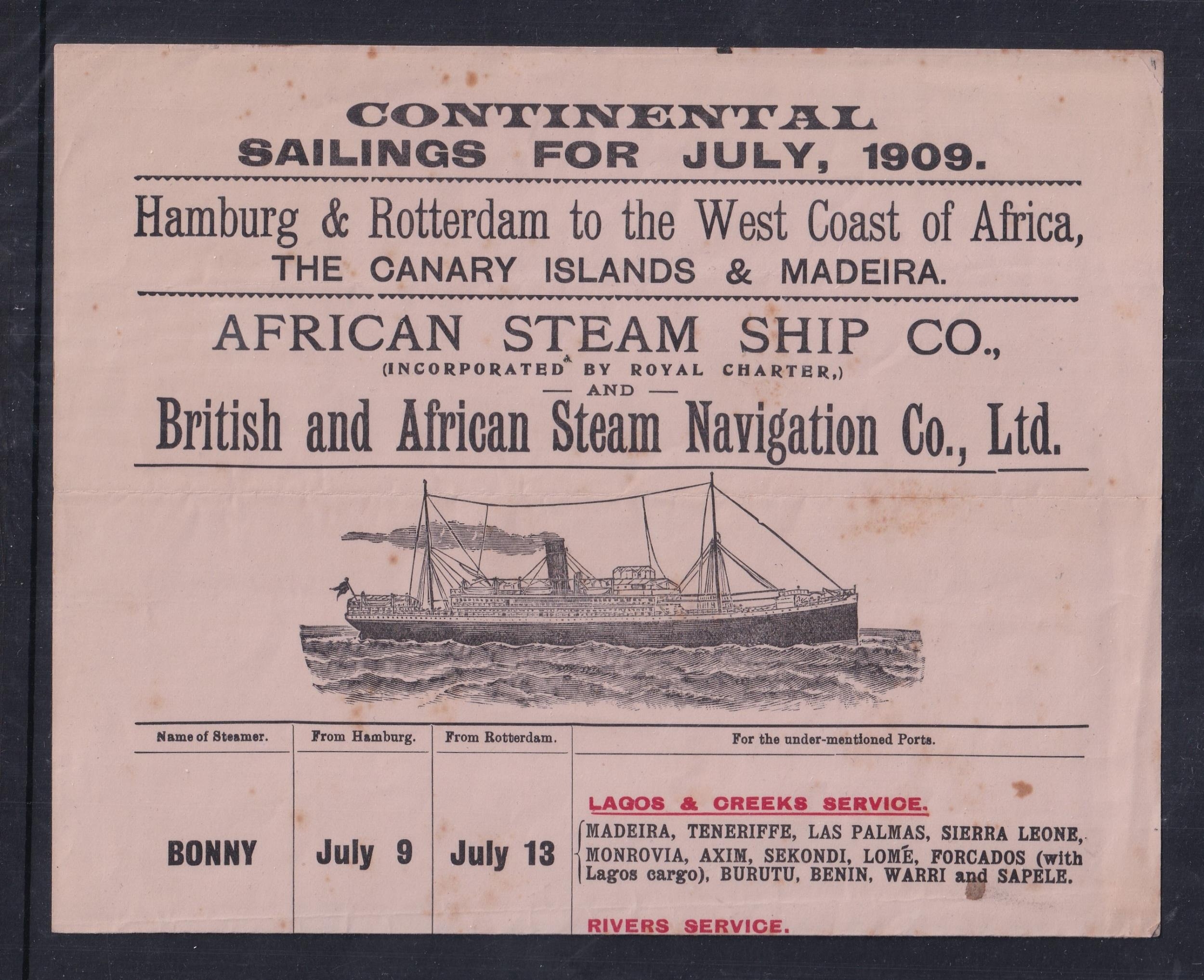 1909 AFRICAN STEAM SHIP CO. NOTICE, for sailings from Hamburg and ...