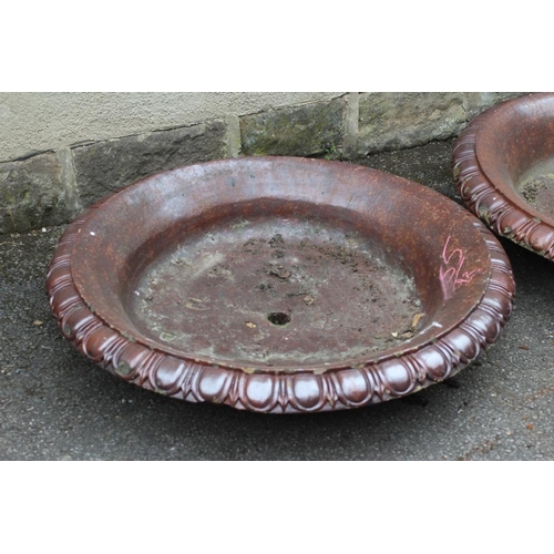 A PAIR OF LARGE SALT GLAZED POTTERY FOUNTAIN TRAYS of shallow circular ...