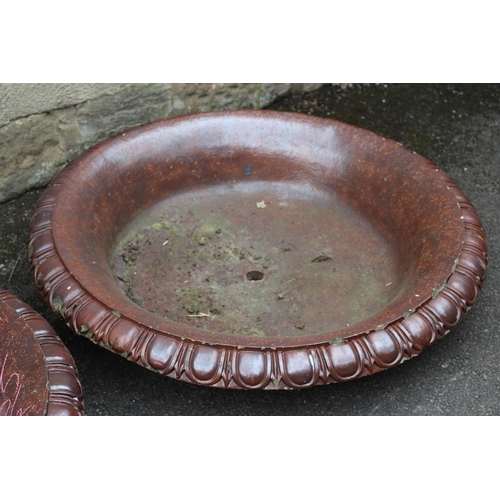 A PAIR OF LARGE SALT GLAZED POTTERY FOUNTAIN TRAYS of shallow circular ...