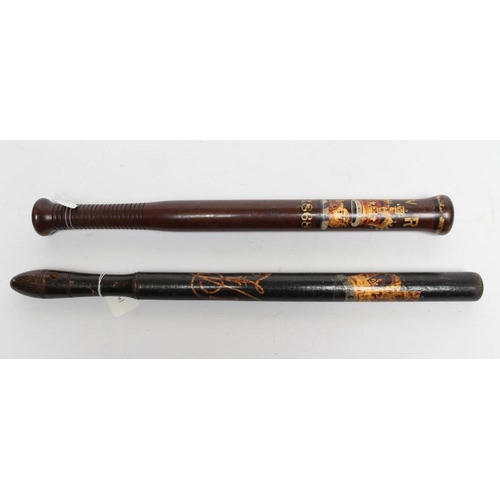 TWO VICTORIAN CEREMONIAL POLICE TRUNCHEONS, both with turned grips and ...