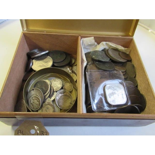 DECO TIN OF WORLD SILVER AND COPPER COINS