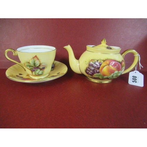 AYNSLEY FRUIT PATTERN CUP AND SAUCER AND TEAPOT