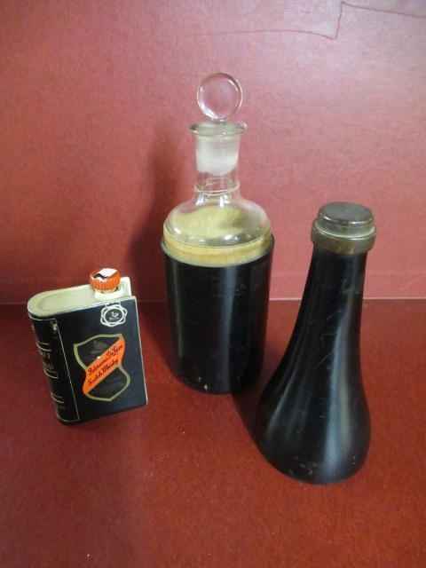 WOODEN CASED GLASS DECANTER AND NOVELTY WHISKY CONTAINER