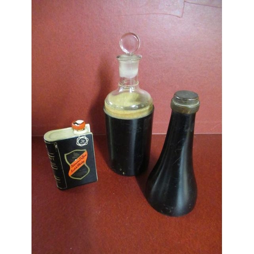 WOODEN CASED GLASS DECANTER AND NOVELTY WHISKY CONTAINER