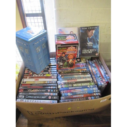 BOX OF DVDS INCLUDING DR WHO TRIAL OF A TIMELORD TARDIS TIN SET