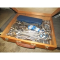 WOODEN BOX OF SPANNERS AND SOCKETS