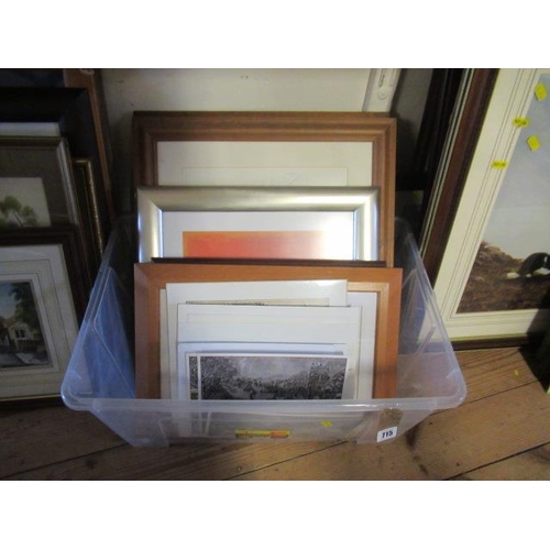 BOX OF MIXED FRAMED PRINTS INCLUDING MAP AND CHRISTMAS CARDS