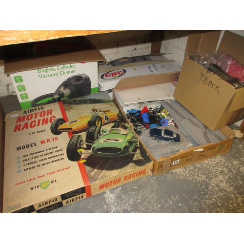 FIVE BOXES OF AIRFIX MOTOR RACING TRIANG AND DUBLO TRACK ETC