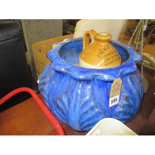 BLUE PLANTER AND STONEWARE FLAGON