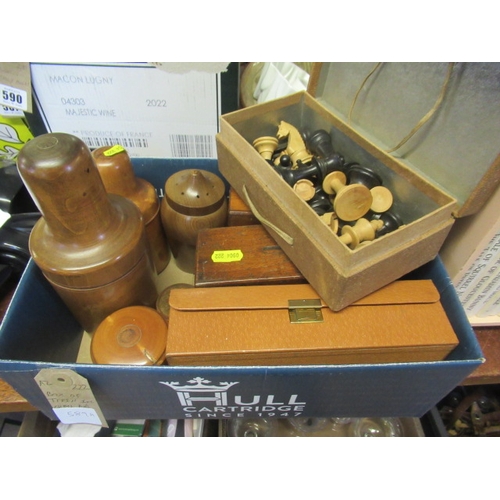 BOX OF TREEN INCLUDING CHESS AND BRIDGE SETS