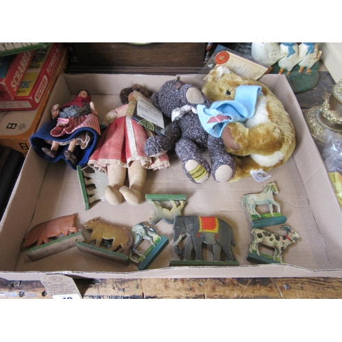 TWO MERRYTHOUGHT SOFT TOYS, TWO DOLLS AND VINTAGE ANIMAL FIGURES