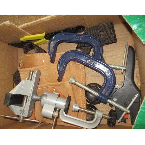 BOX OF CLAMPS AND A TOOL BELT