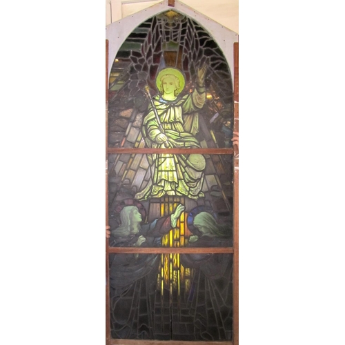 A VICTORIAN PRE-RAPHAELITE STYLE PAINTED AND STAINED LEADED ARCHED ...