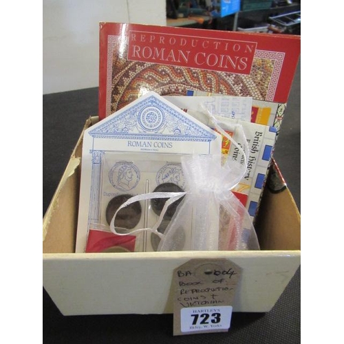 BOX OF REPRODUCTION COINS WITH VICTORIAN GAMING TOKENS