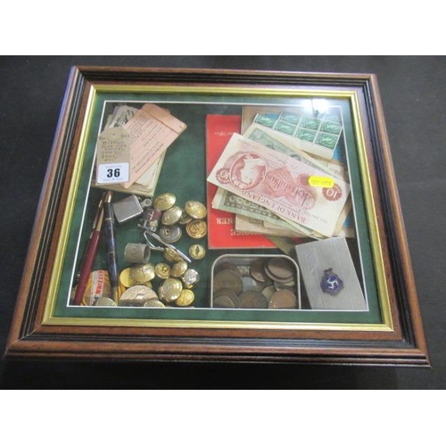 DISPLAY CASE WITH STAMPS, COINS AND PENS ETC