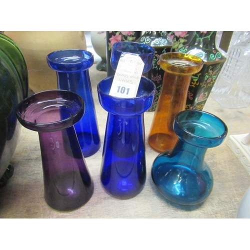 SIX MULTI-COLOURED GLASS BULB VASES