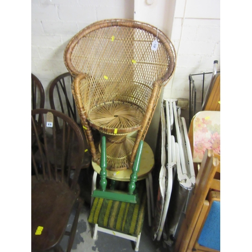 TWO VINTAGE KITCHEN CHAIRS, TWO STOOLS AND A SMALL PEACOCK CHAIR