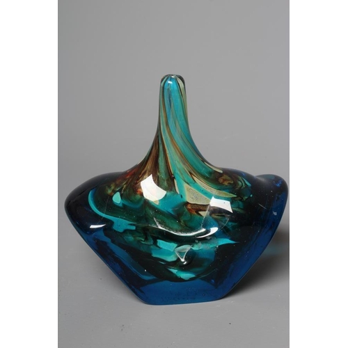 A MDINA GLASS ICE CUT FISH VASE, 1975, with brown, amber and turquoise ...
