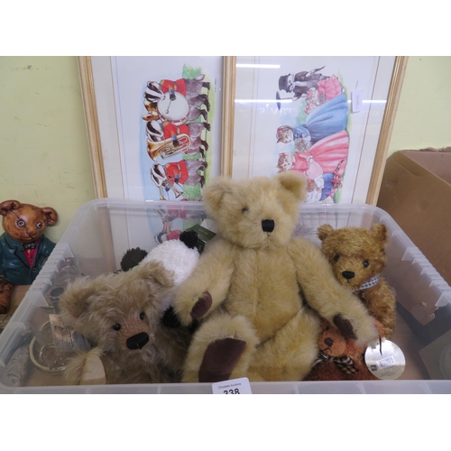 Box of assorted teddy bears including Merry Thought LTD, Russ, Harrods ...