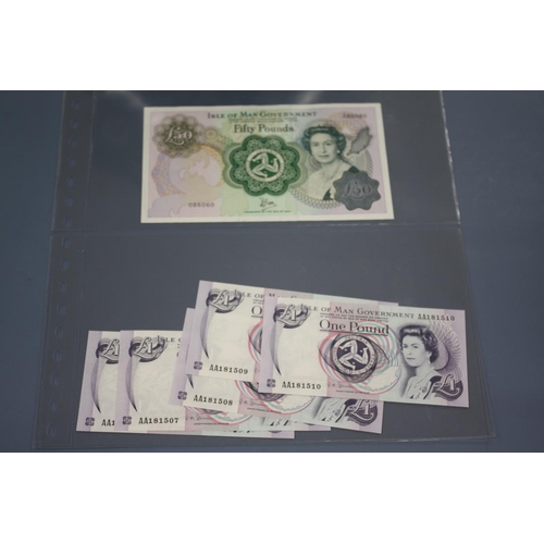 Isle of Man fifty pound note and five mint consecutive one pound notes ...