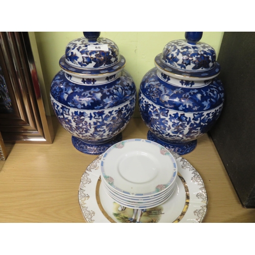 Pair of lidded pots plus loose crockery