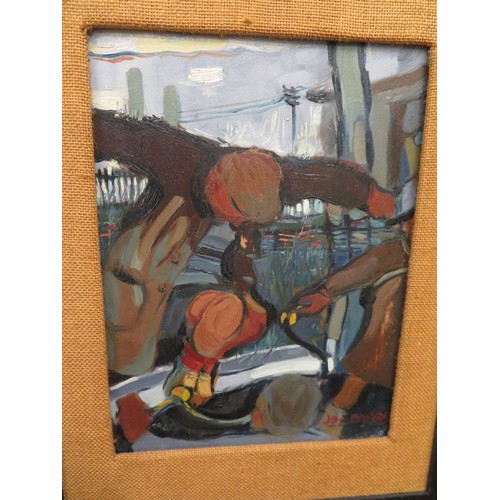 John Byars, Figures on a canal boat, oil on board, signed, 10 x 8 ins ...