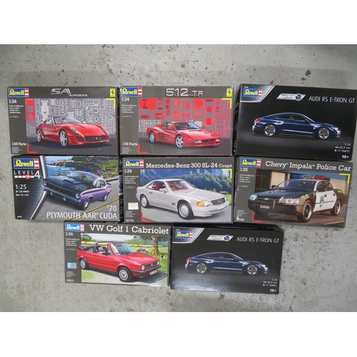 Eight unmade Revell 1:24/1:25 scale models of luxury cars, all boxed ...