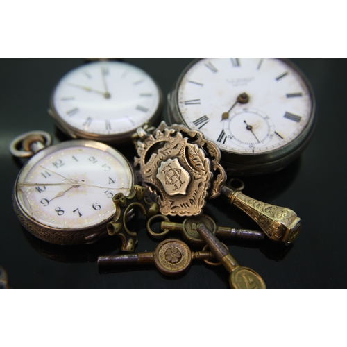 Three silver pocket watches with keys and fobs