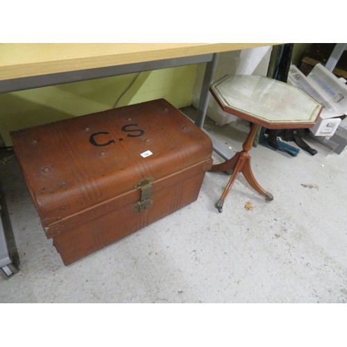 Tin trunk marked C S, plus an octagonal top table