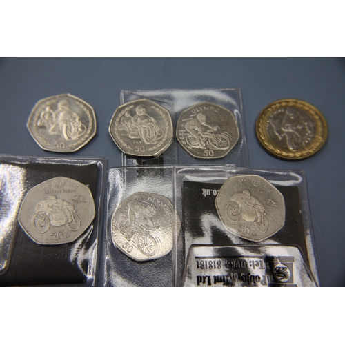 Six IOM TT and Cycling 50 pence coins plus a 2019 £2 coin Steve Hislop