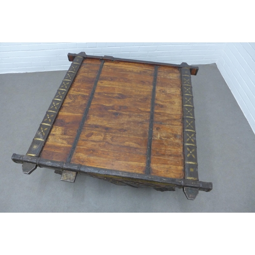 Indian wooden ox cart coffee table with chased steel and brass studded ...