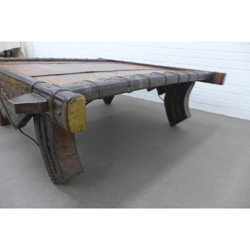 Indian wooden ox cart coffee table with chased steel and brass studded ...