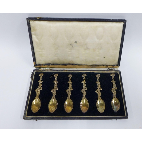 Victorian set of six silver gilt teaspoons, heavily cast and formed as ...