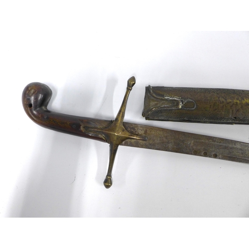 Ottoman / Persian shamshir sword with curved blade and scabbard, a/f, 94cm